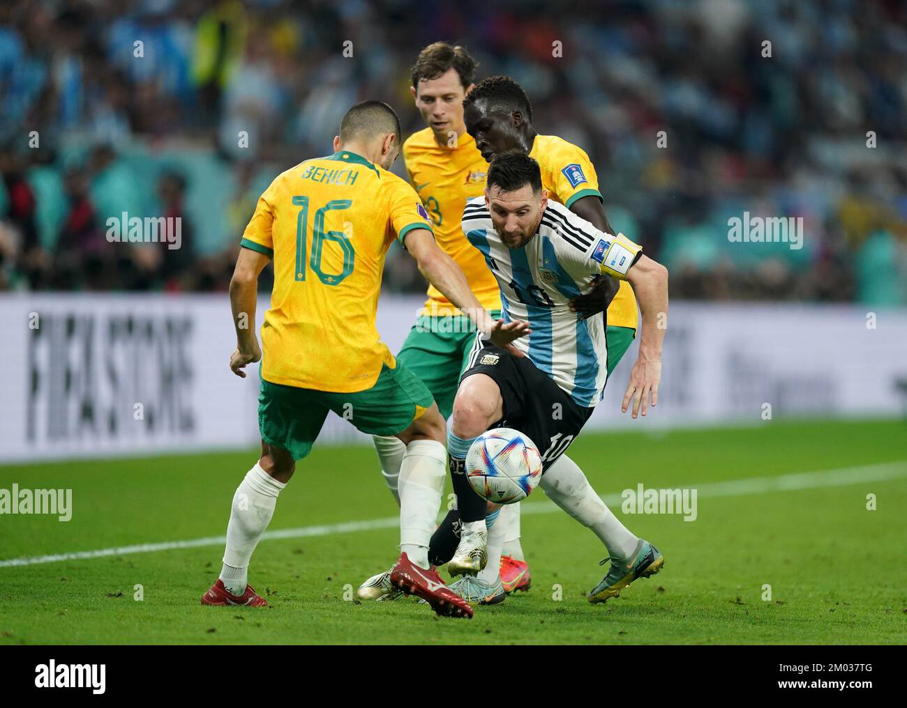 Argentina's Lionel Messi (right) under pressure during the FIFA World ...