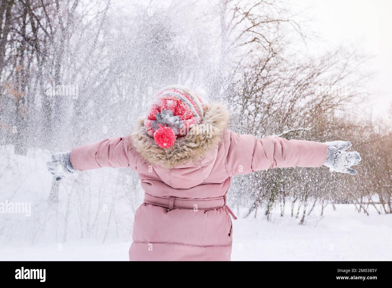Little girl outdoors in winter. Back view. Winter vacation Stock Photo ...