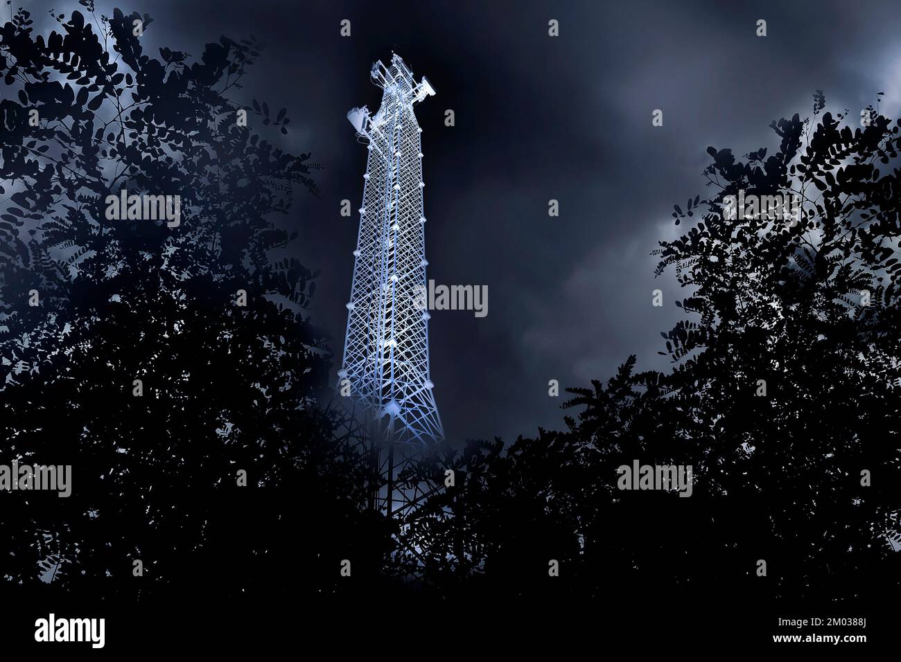 Large cellular communications tower at night. Radio antenna tower Stock ...