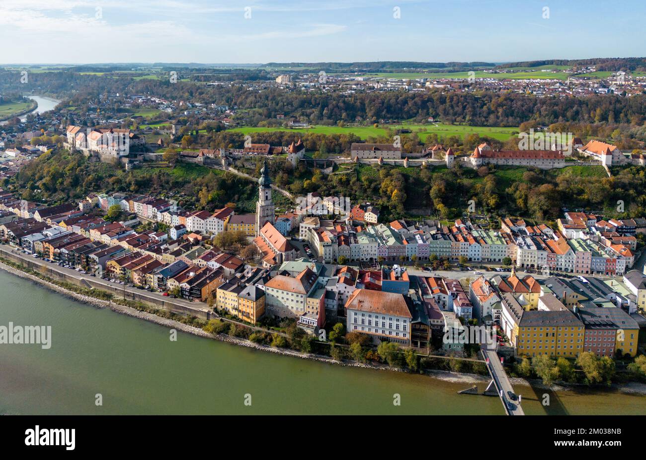 aerial view on the old town Burghausen on the border to Austria in ...