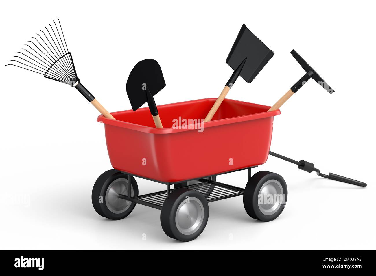 Garden wheelbarrow with garden tools like shovel, rake and fork on ...