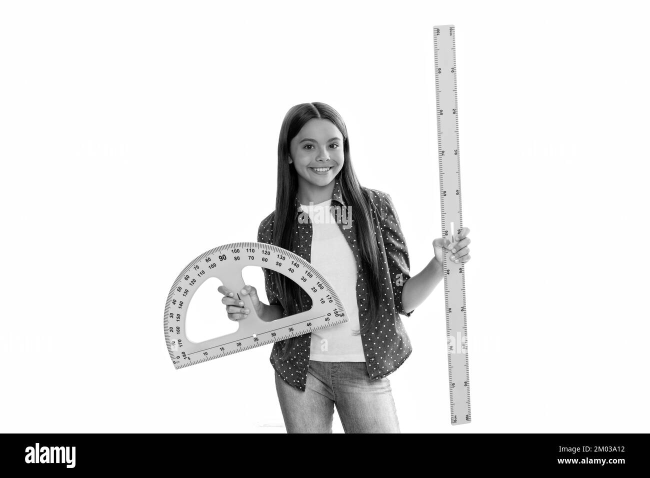 happy teen girl hold protractor ruler study math at school isolated on ...