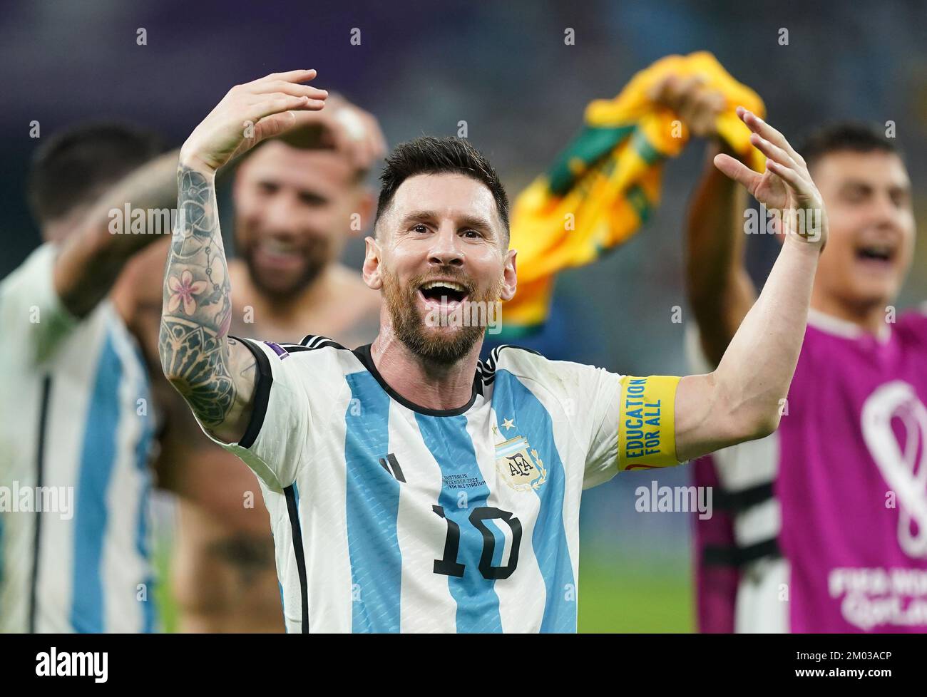 Argentina's Lionel Messi celebrates after the FIFA World Cup round of ...