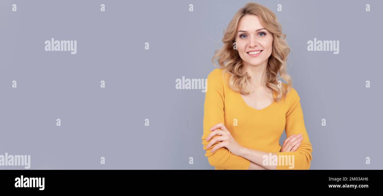 Woman isolated face portrait, banner with mock up copy space. cheerful blonde beauty woman with ...