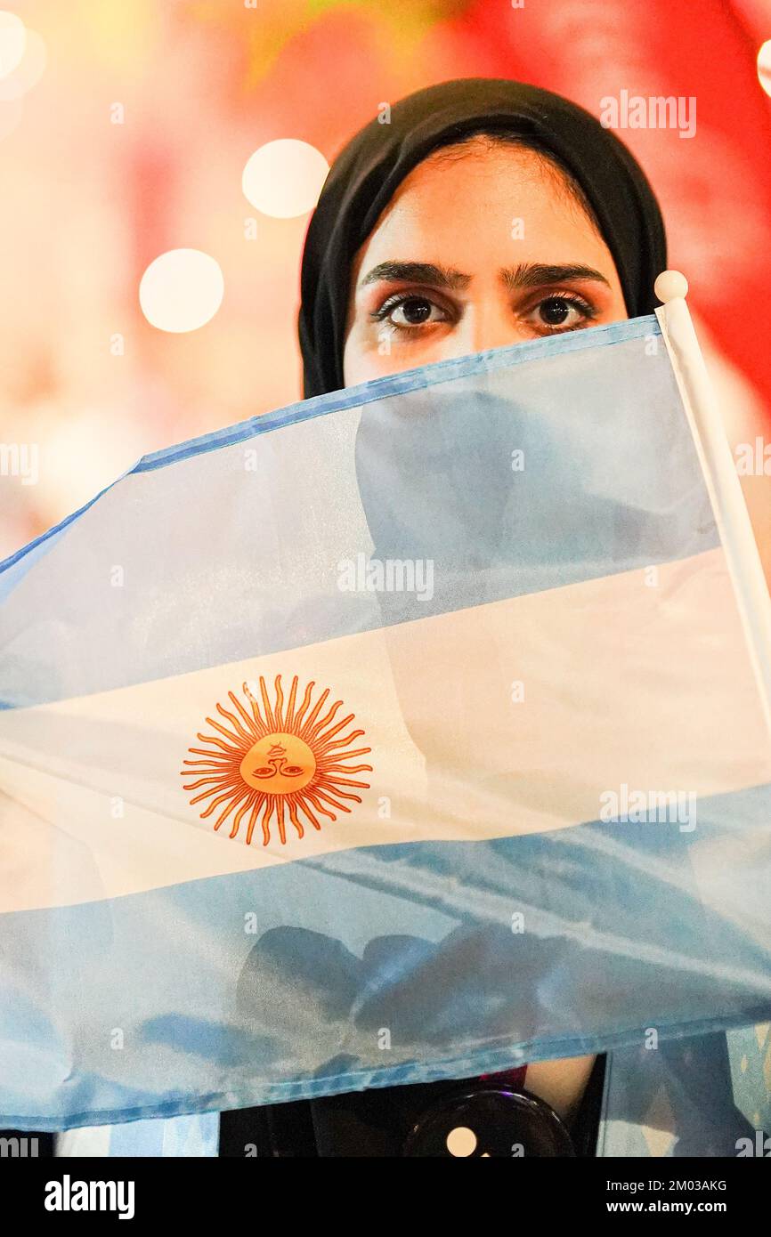 AL RAYYAN, QATAR - DECEMBER 3: Supporter of Argentina poses for a photo ...