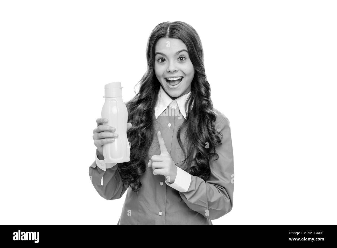 I just need to hydrate. Happy kid hold water bottle with raised finger ...