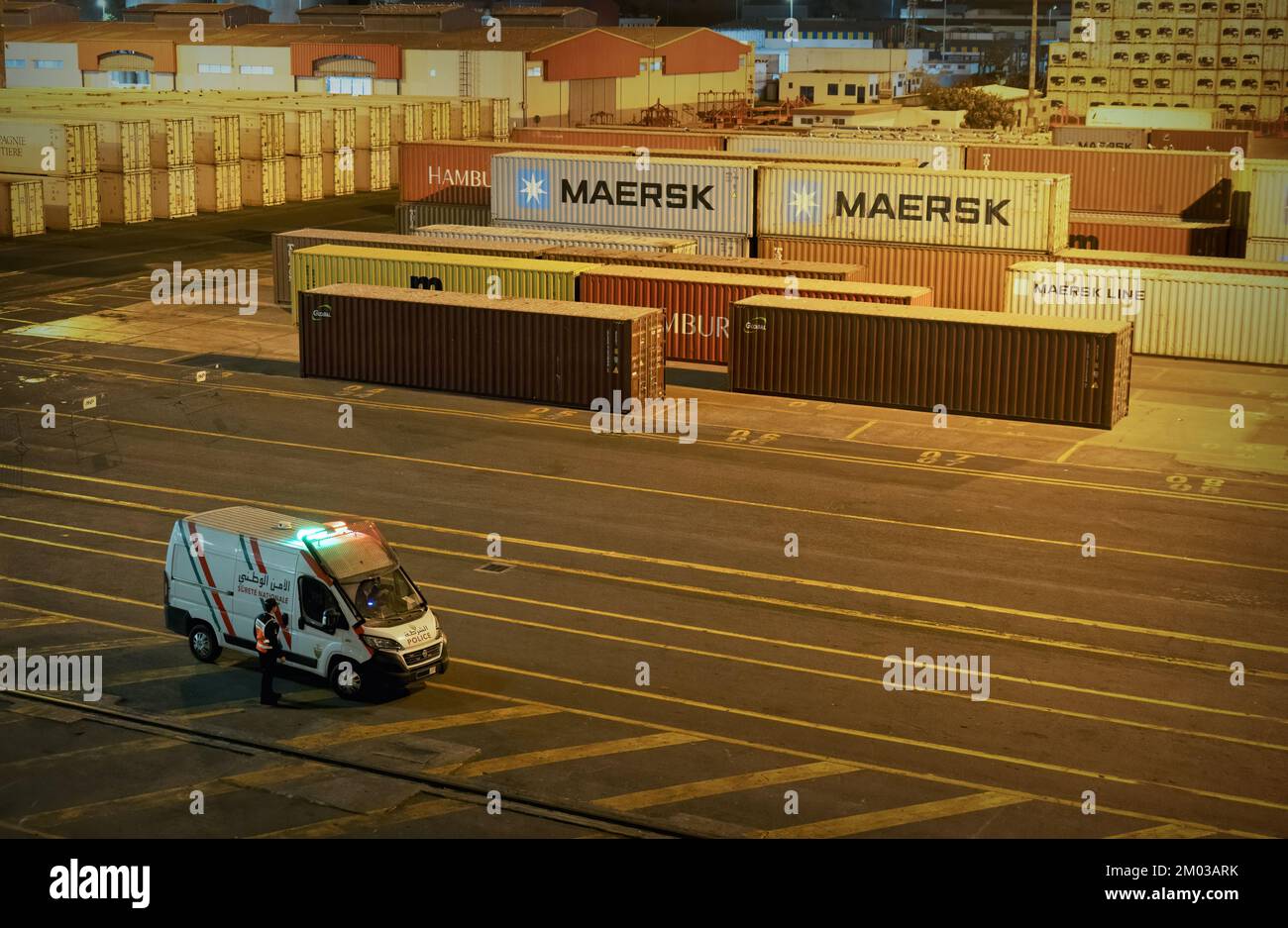 Container port with police car, at night in Agadir, Morocco Stock Photo ...