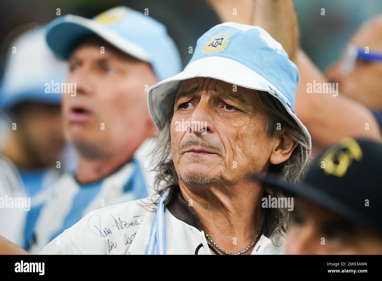 AL RAYYAN, QATAR - DECEMBER 3: Supporter of Argentina poses for a photo ...