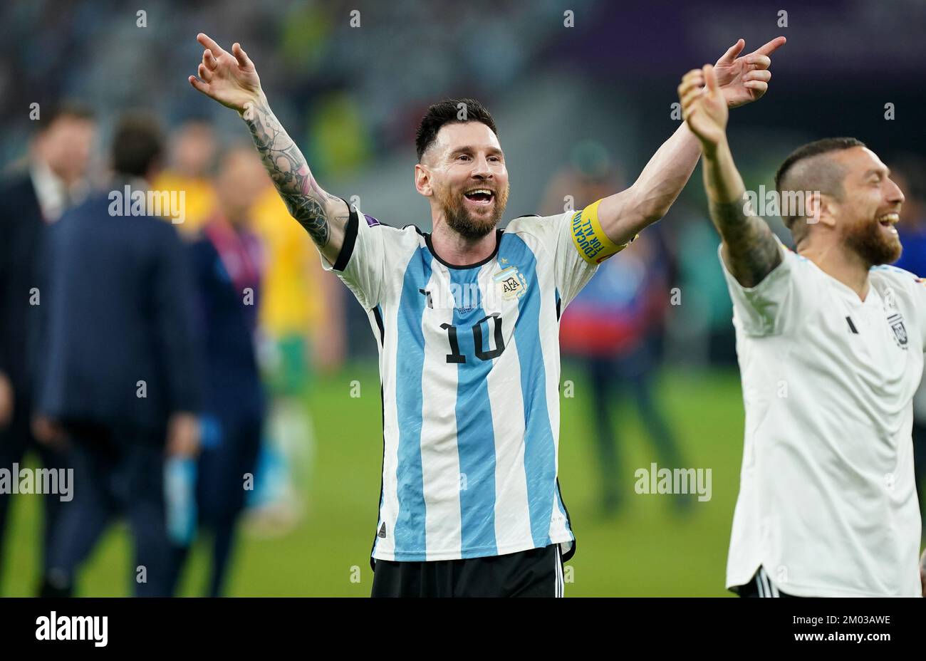 Argentina's Lionel Messi celebrates after the FIFA World Cup round of ...