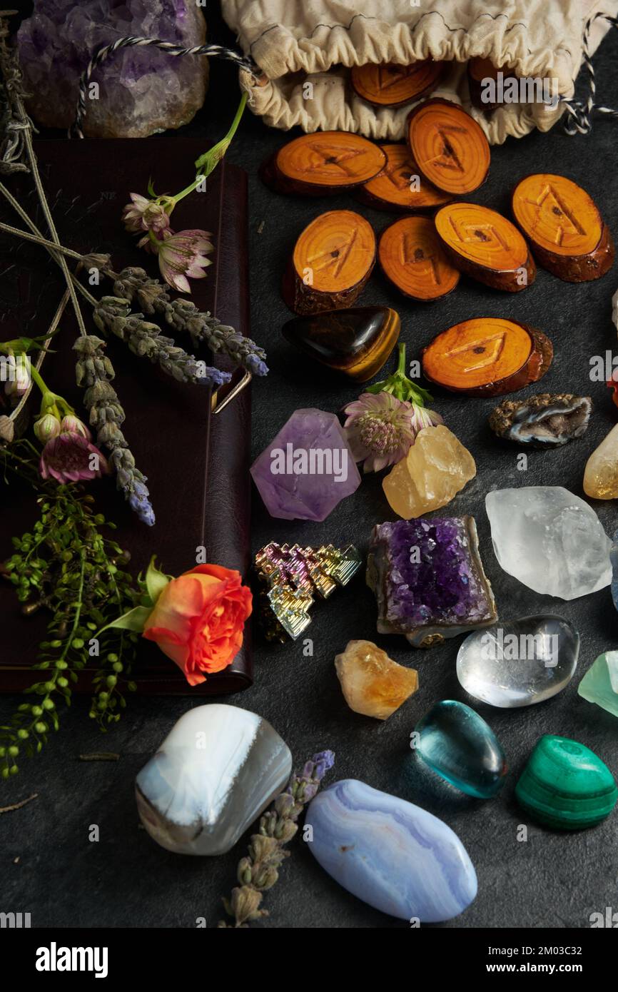 various gem stones and runes Stock Photo - Alamy
