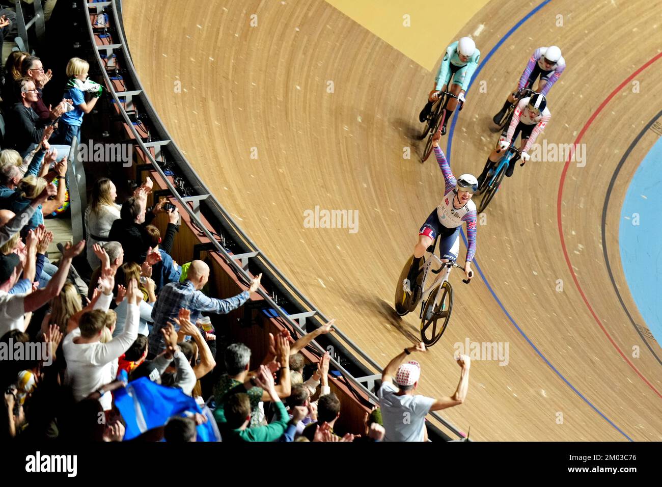Mark Stewart celebrates winning the mens scratch race during day two of ...