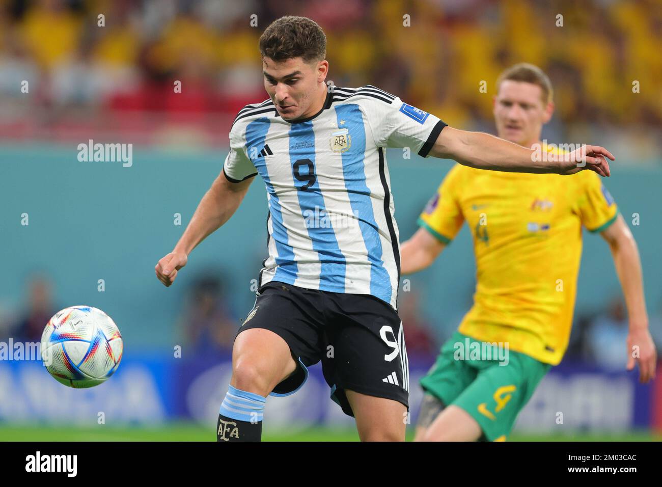 Ar Rayyan, Qatar. 03rd Dec, 2022. Julian Alvarez of Argentina attacks ...