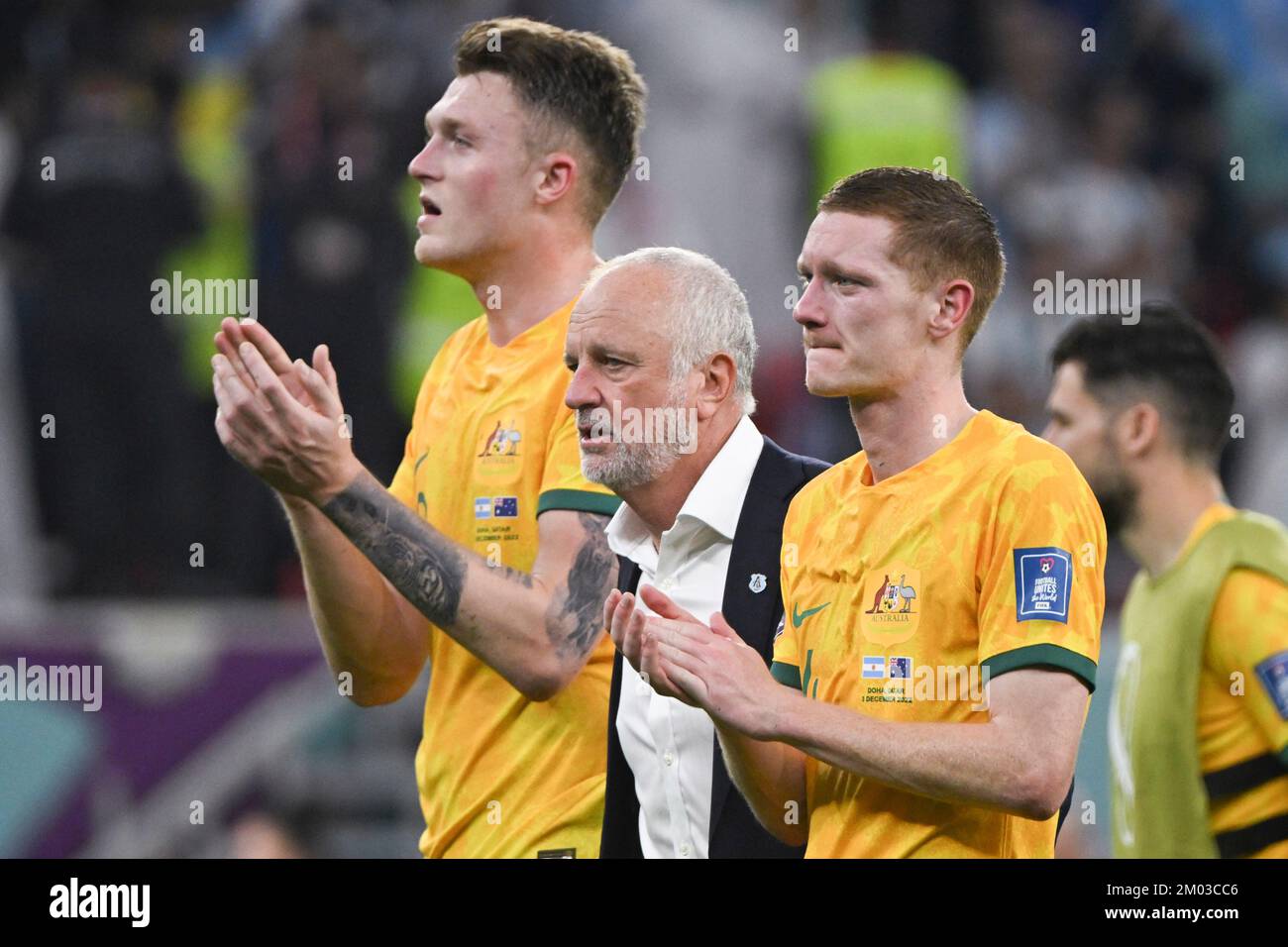 Al Rayyan, Qatar. 3rd Dec, 2022. Graham Arnold (C), head coach of ...