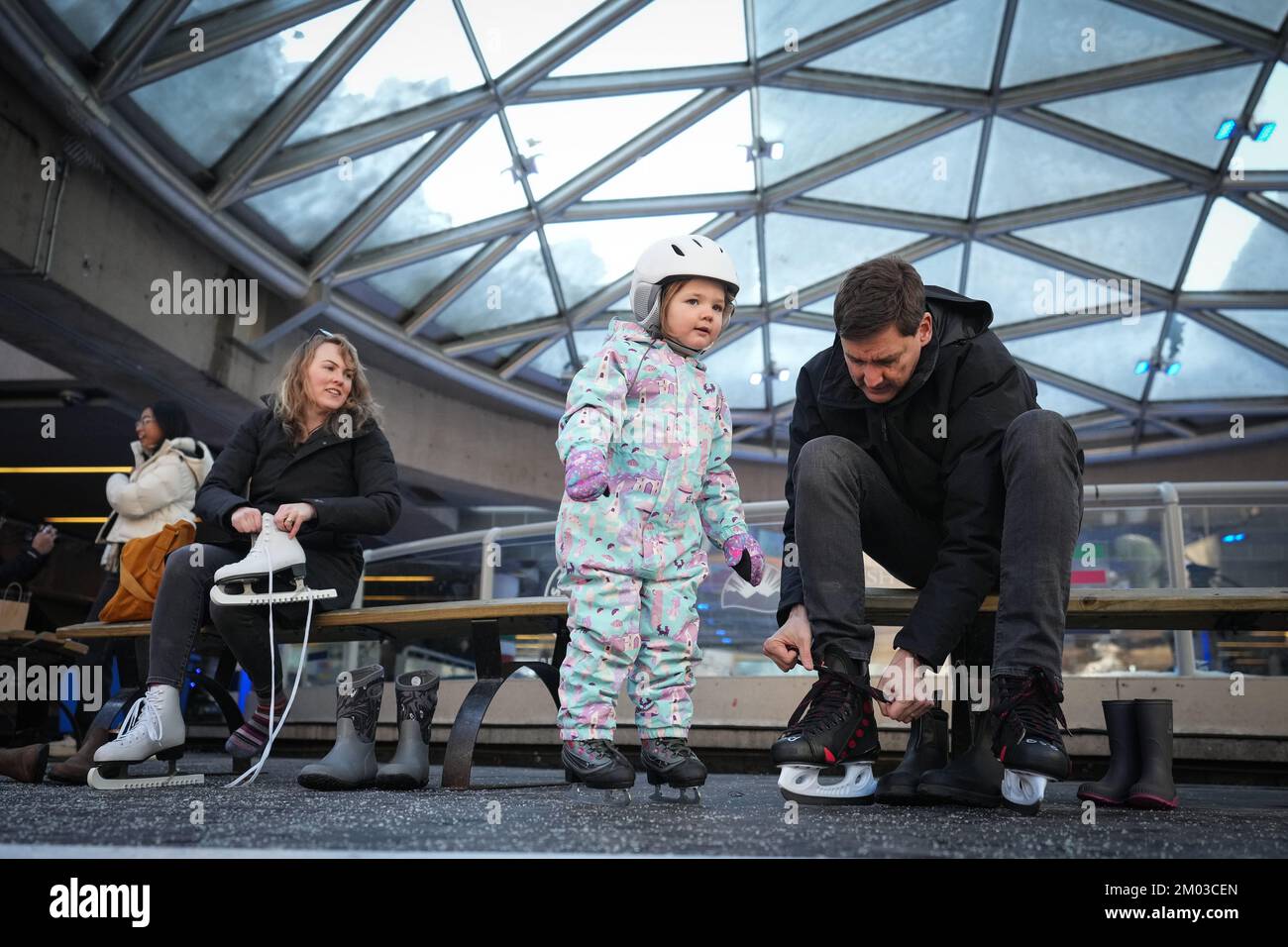 B.C. Premier David Eby and his wife Cailey Lynch put on skates as their ...