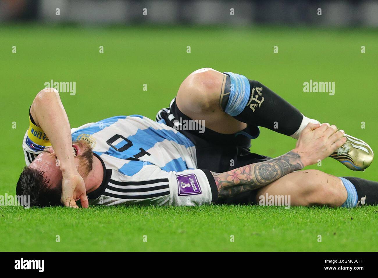 Ar Rayyan, Qatar. 03rd Dec, 2022. Lionel Messi of Argentina reacts to ...
