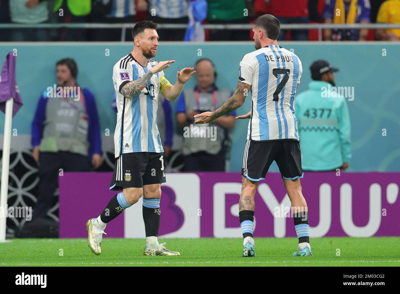 Ar Rayyan, Qatar. 03rd Dec, 2022. Lionel Messi of Argentina and Rodrigo ...