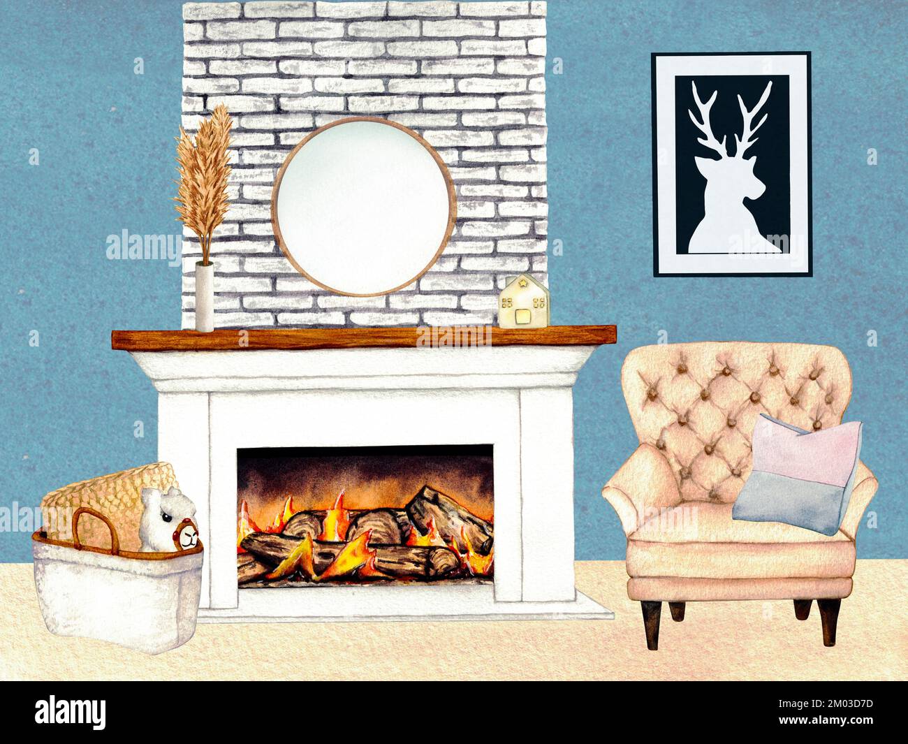Watercolor illustration interior of living room with fireplace, sofa ...