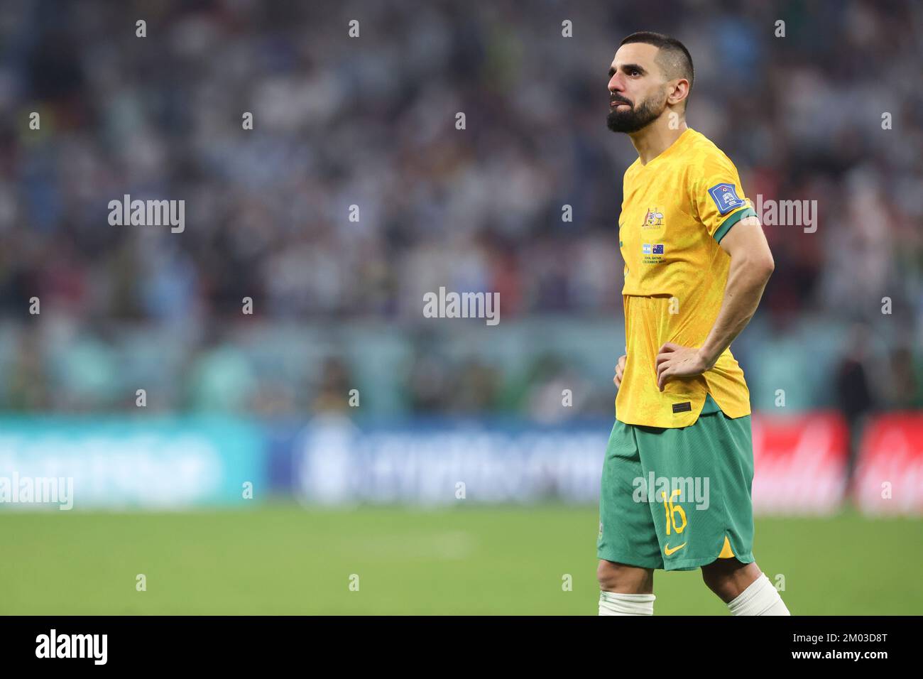 Al Rayyan, Qatar. 3rd Dec, 2022. Aziz Behich of Australia reacts after ...