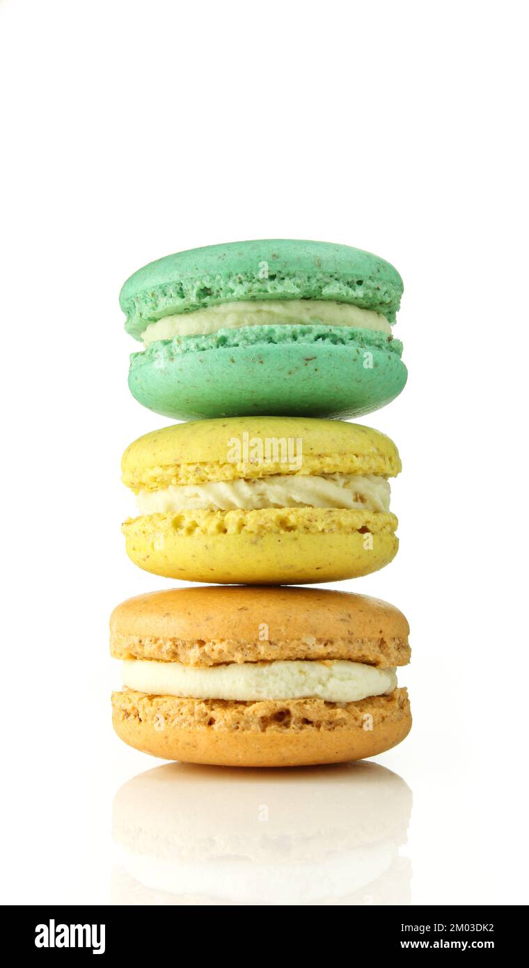Stacked colorful macarons isolated on white background.Tasty french ...