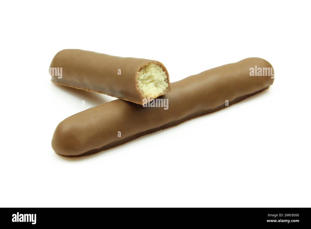 Two chocolate covered wafer sticks isolated on white background Stock ...