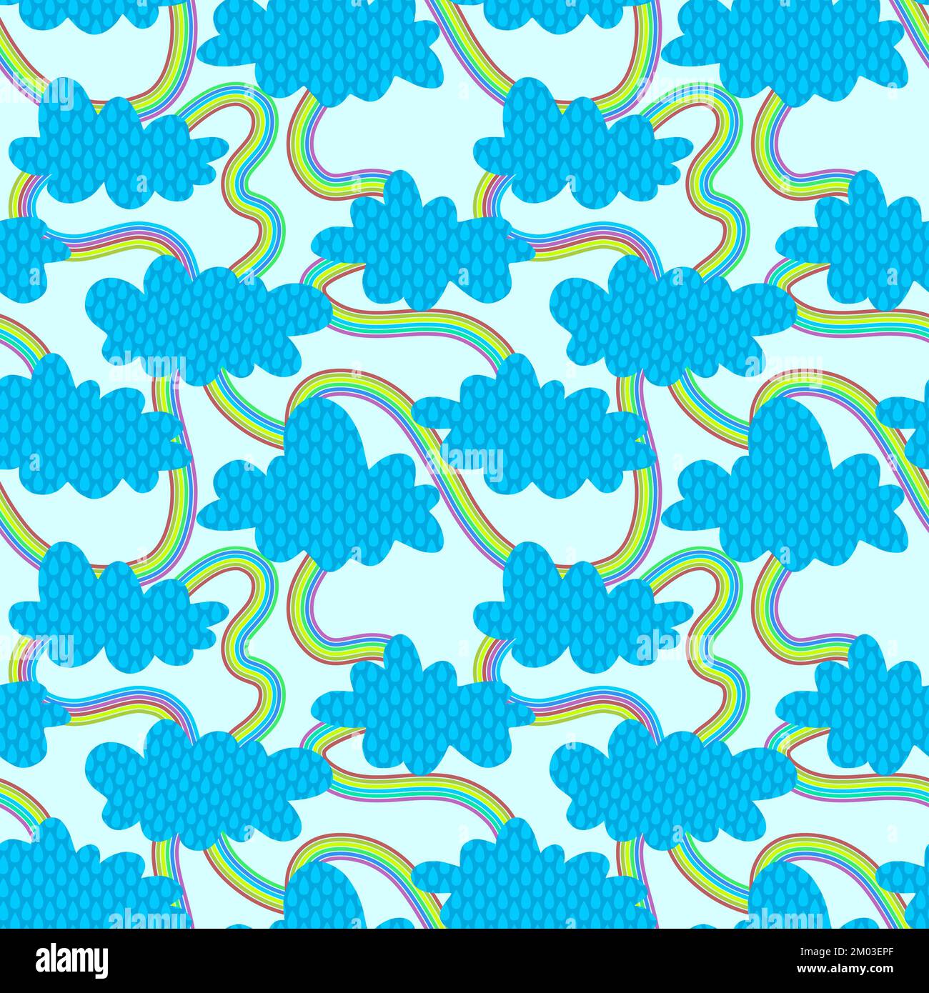 Cartoon rain drops and rainbow and clouds seamless pattern for wrapping ...