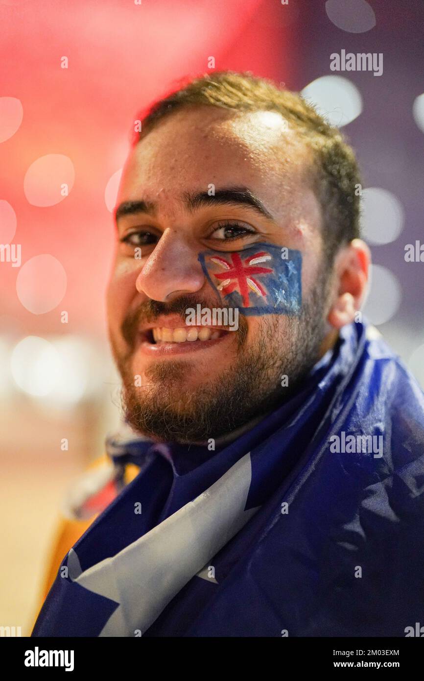AL RAYYAN, QATAR - DECEMBER 3: Supporter of Australia poses for a photo ...