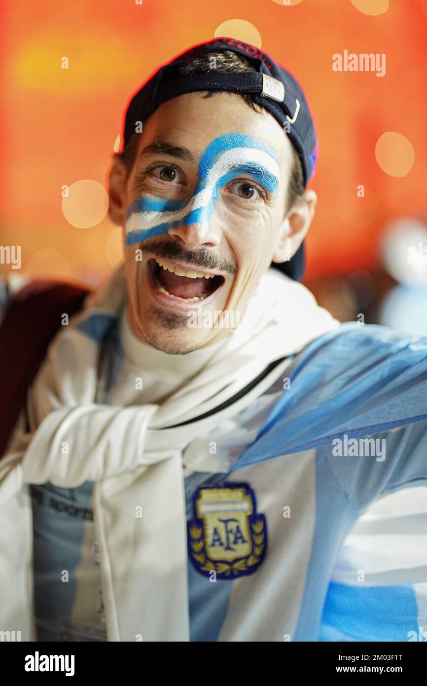 AL RAYYAN, QATAR - DECEMBER 3: Supporter of Argentina poses for a photo ...
