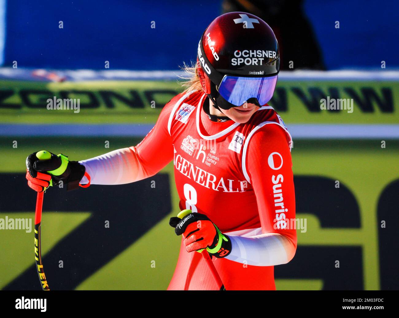 Switzerland's Corinne Suter reacts in the finish area following her run ...