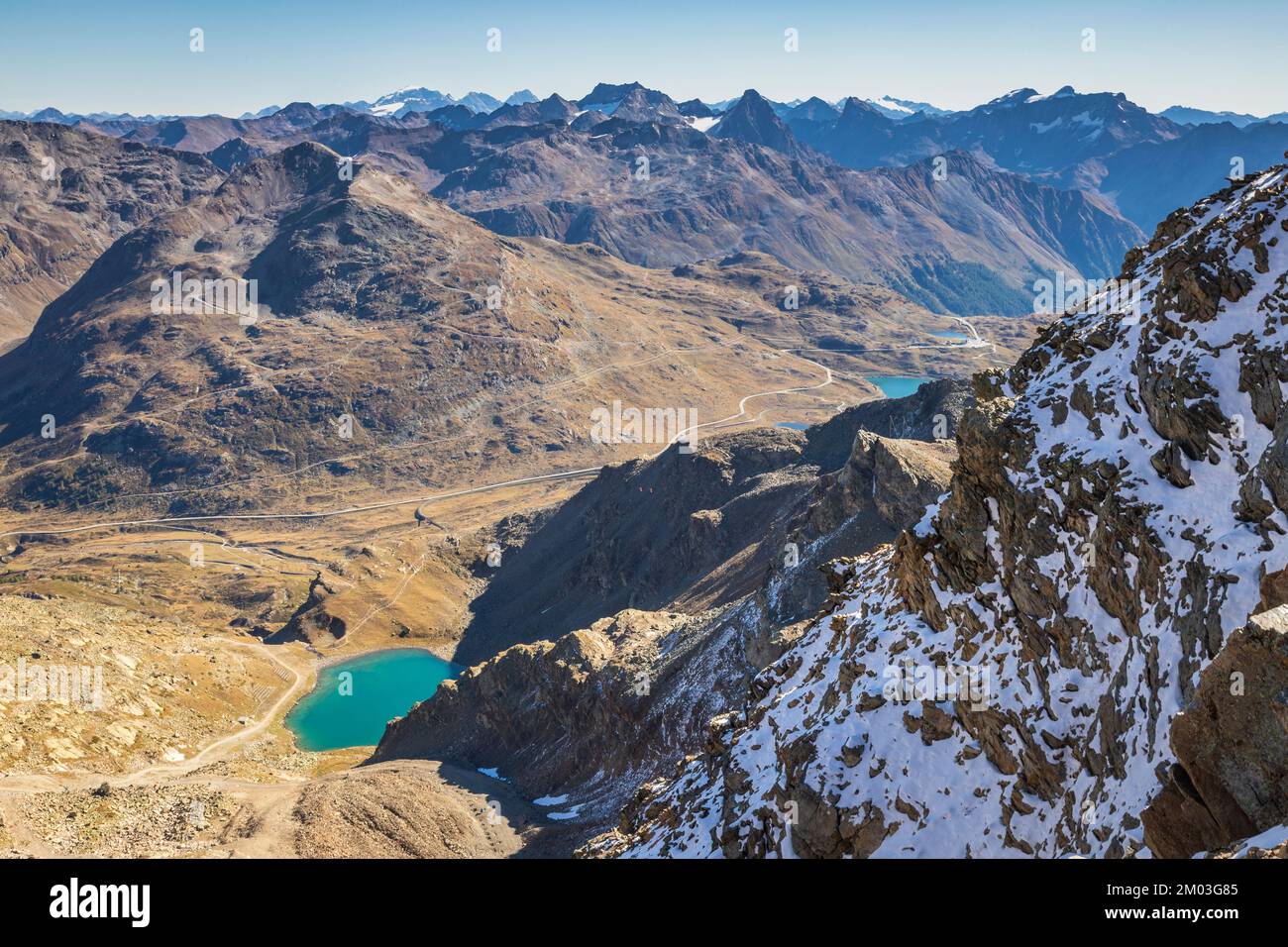Bernina and Palu mountain range with lake in the Alps, Engadine ...