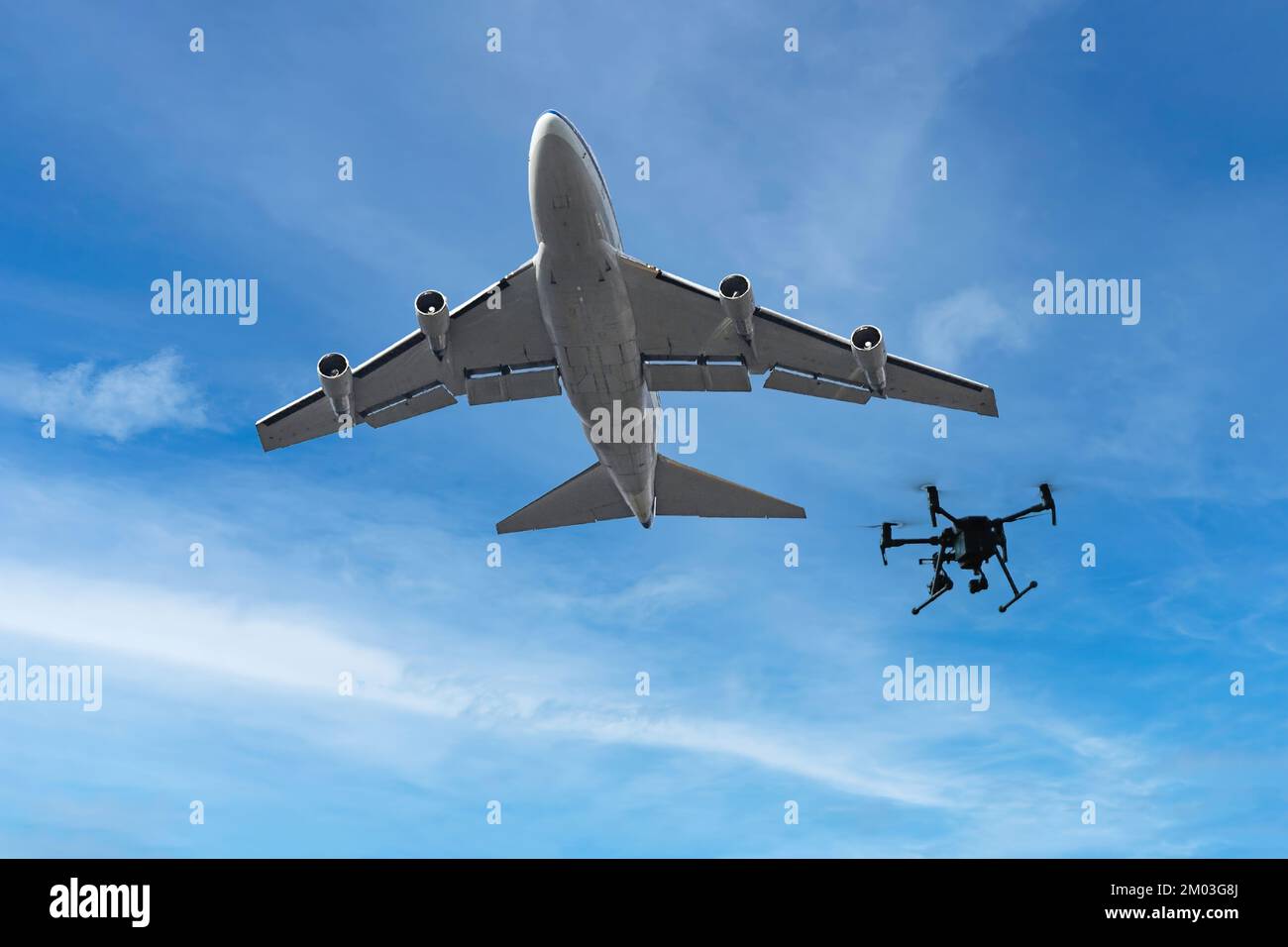 Composite image of drone entering an airliners airspace. Concept of ...
