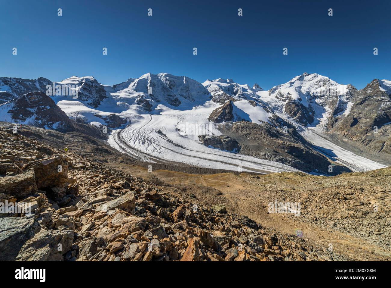 Bernina and Palu mountain range with glaciers in the Alps, Engadine ...