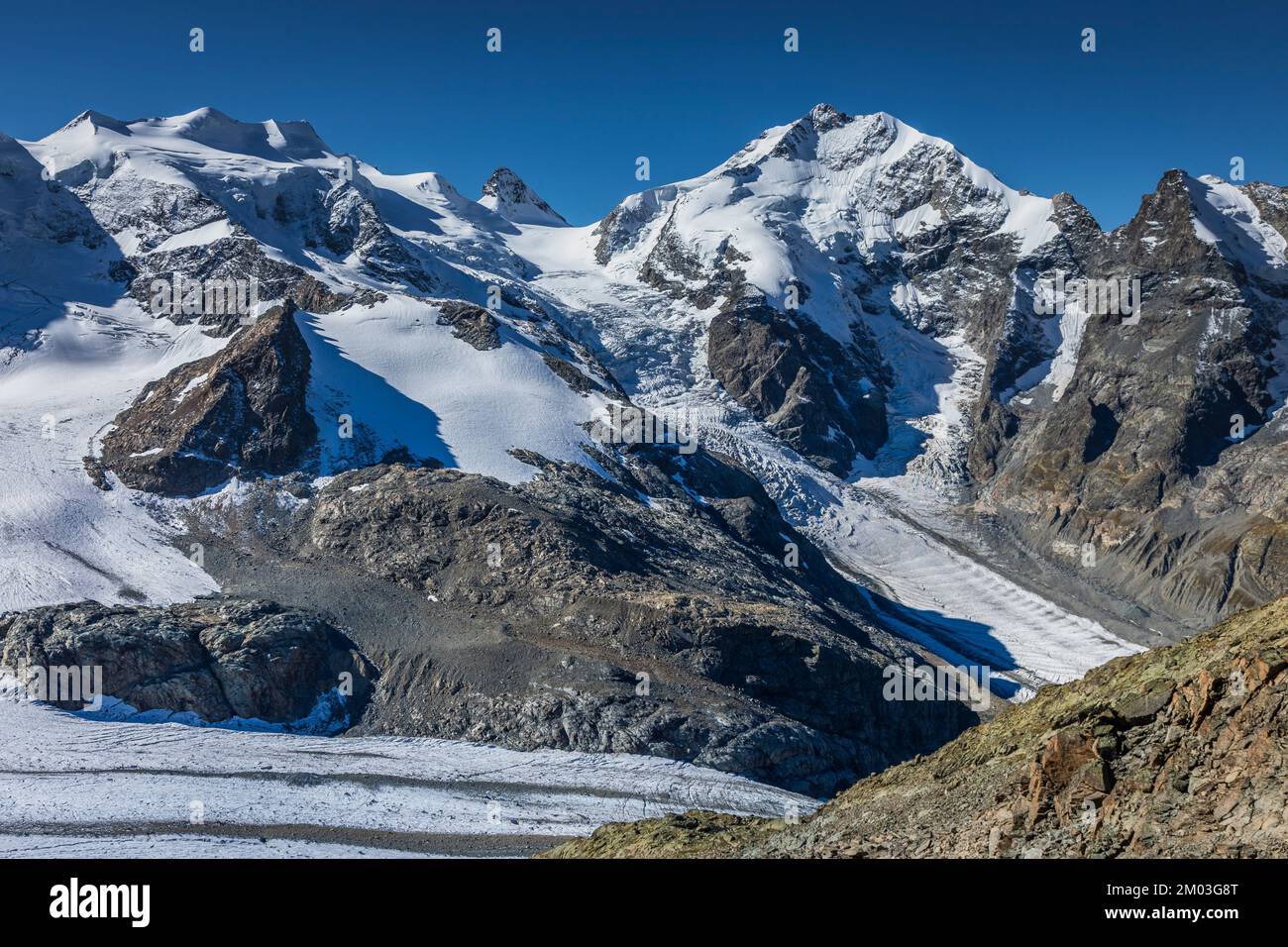 Bernina and Palu mountain range with glaciers in the Alps, Engadine ...