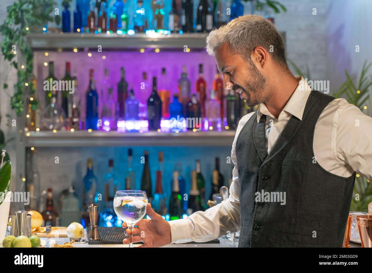 Professional barman looking cocktail in nightclub. Night life concept ...