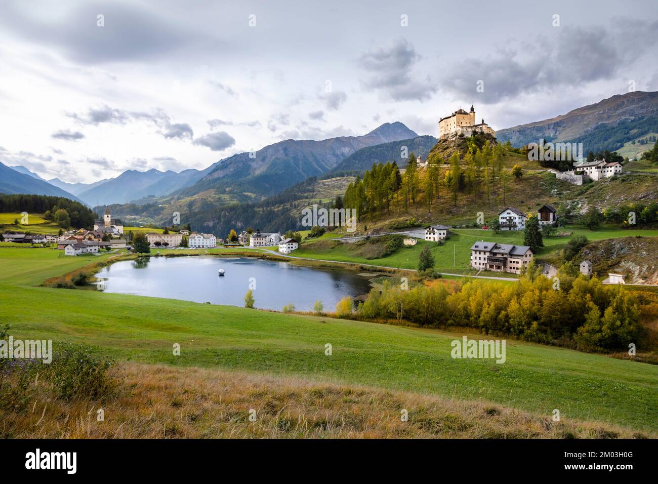 Idyllic landscape of Scuol Tarasp village, Engadine, Swiss Alps ...