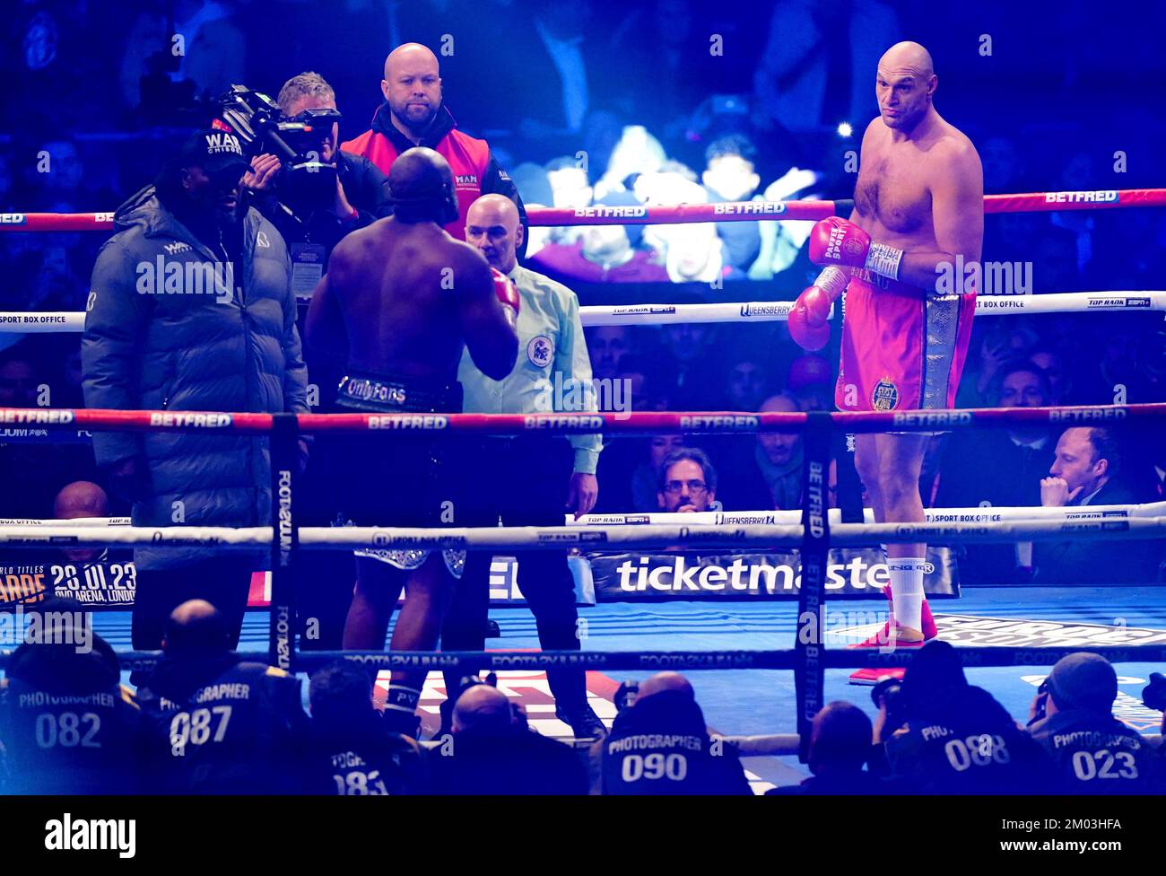 Tyson Fury looks on at Derek Chisora during their WBC World Heavyweight ...