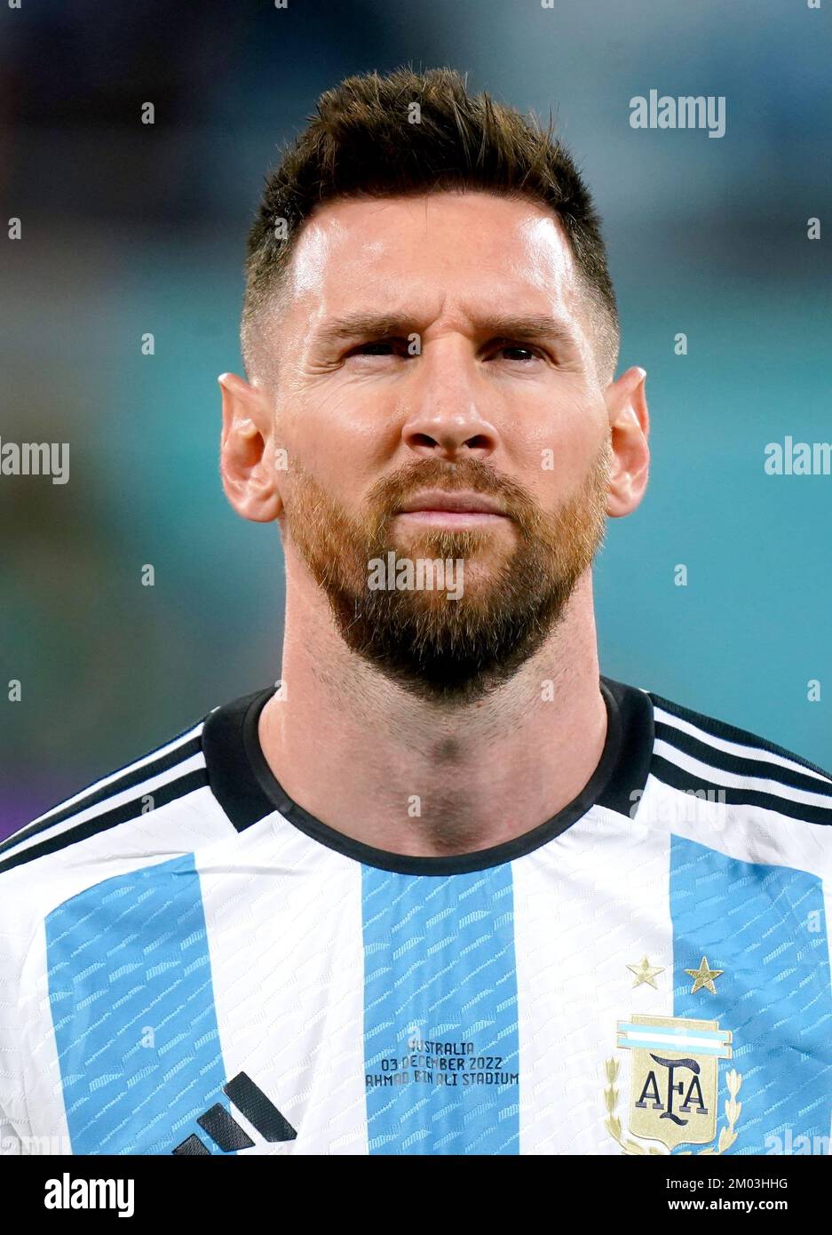 Argentina's Lionel Messi lines up on the pitch ahead of the FIFA World ...