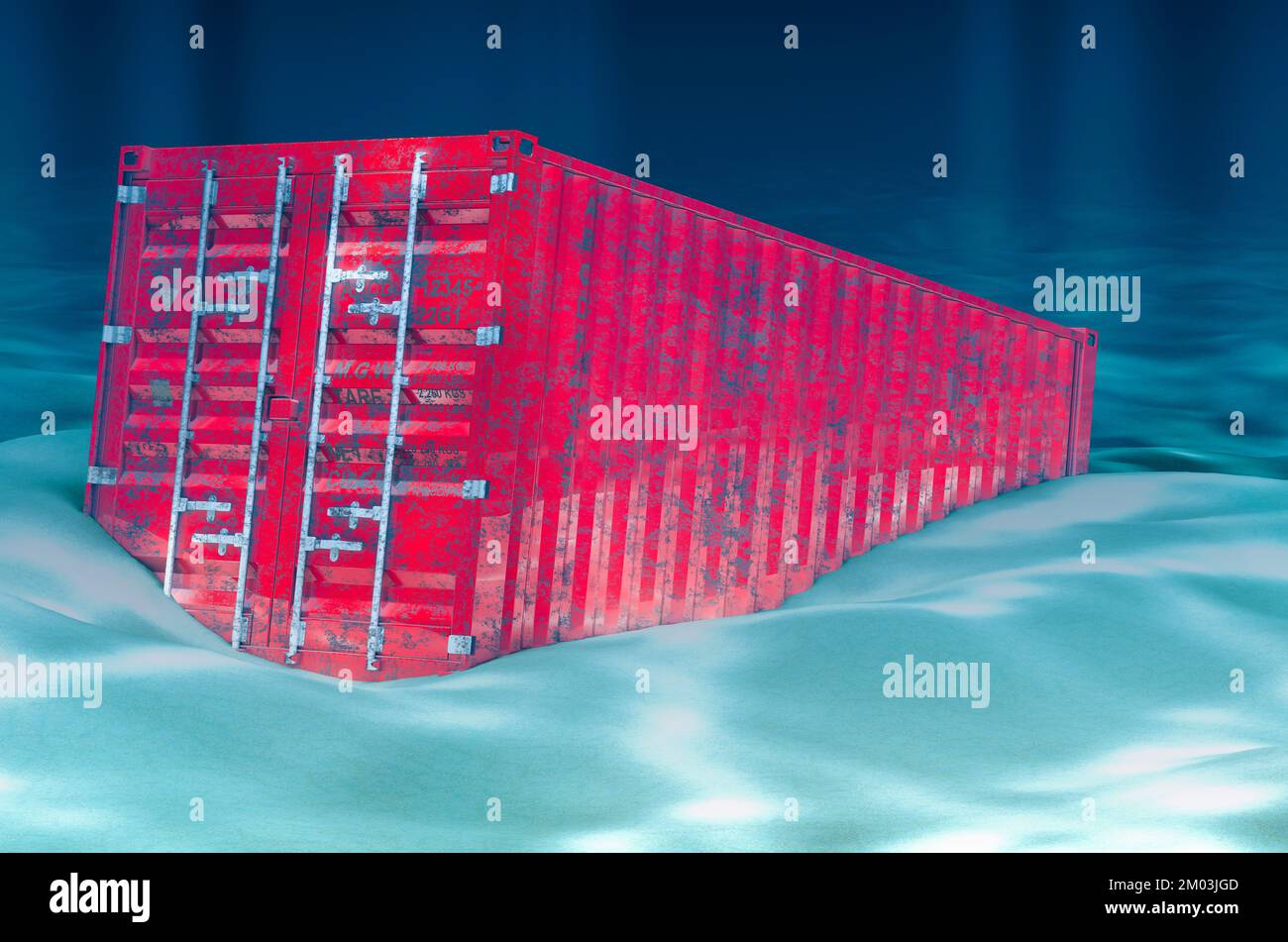 Cargo container on ocean bottom underwater, 3D rendering Stock Photo ...