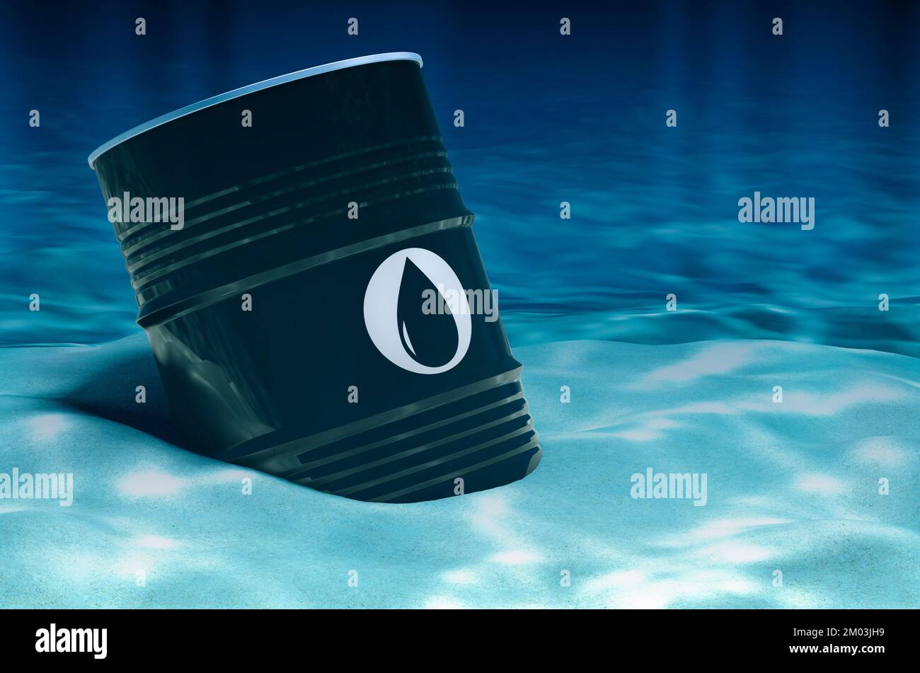Oil barrel on ocean bottom underwater, 3D rendering Stock Photo - Alamy