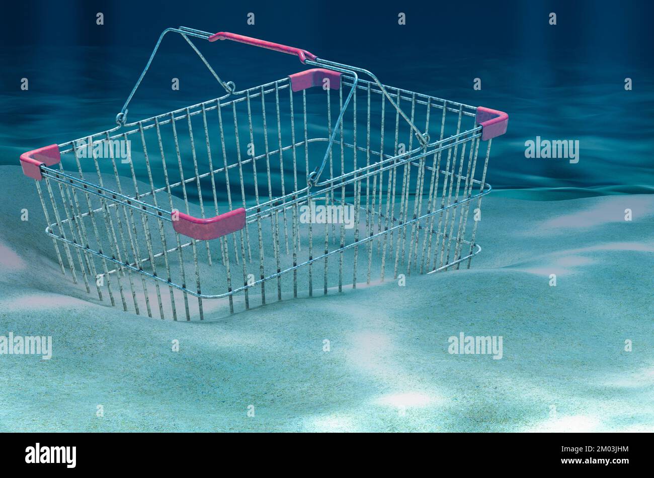 Metallic empty supermarket shopping basket on ocean bottom underwater ...