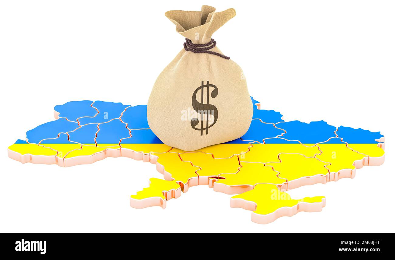 Money bag with dollars on Ukrainian map. 3D rendering isolated on white ...