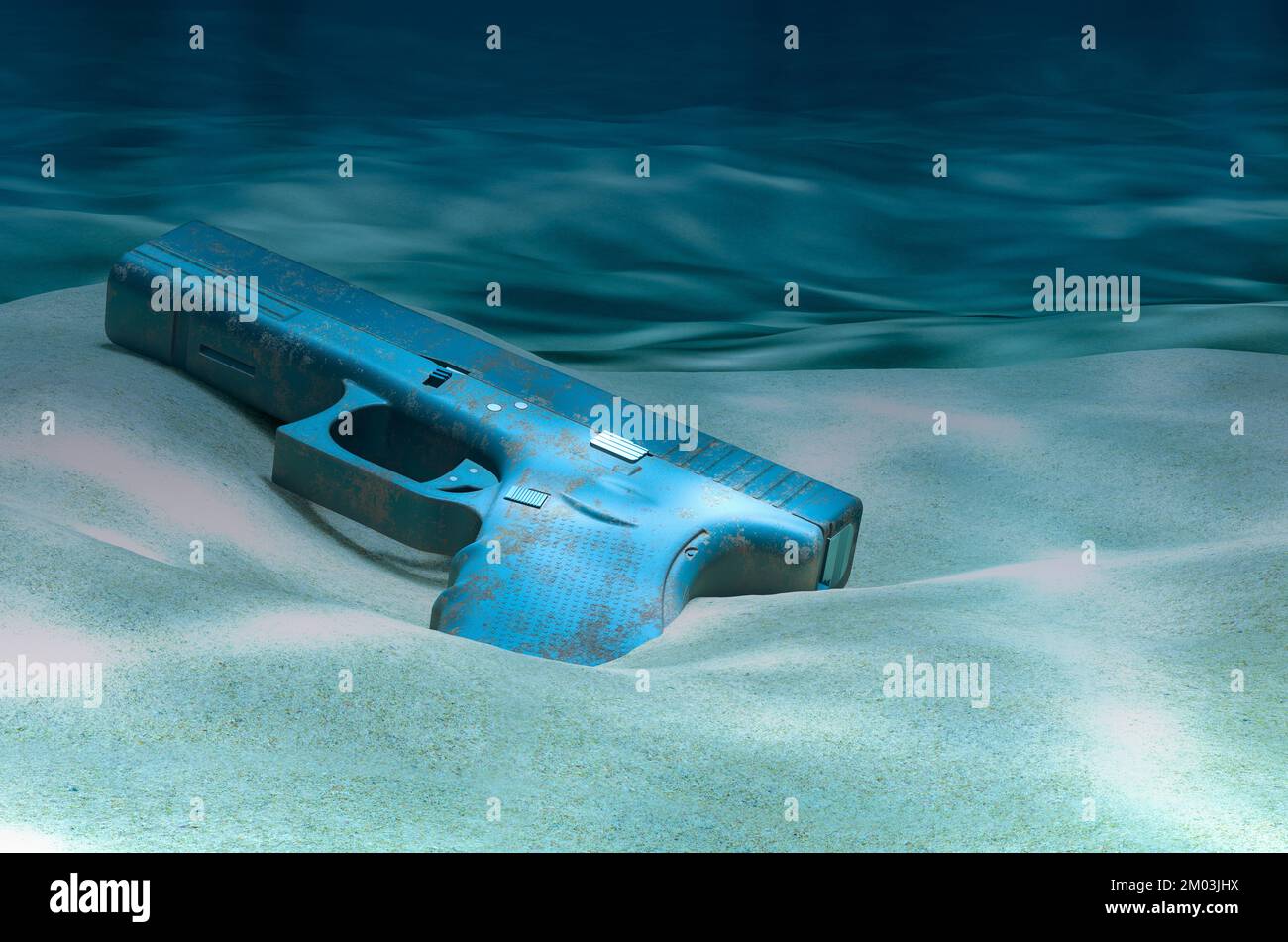 Gun, pistol on ocean bottom underwater, 3D rendering Stock Photo - Alamy