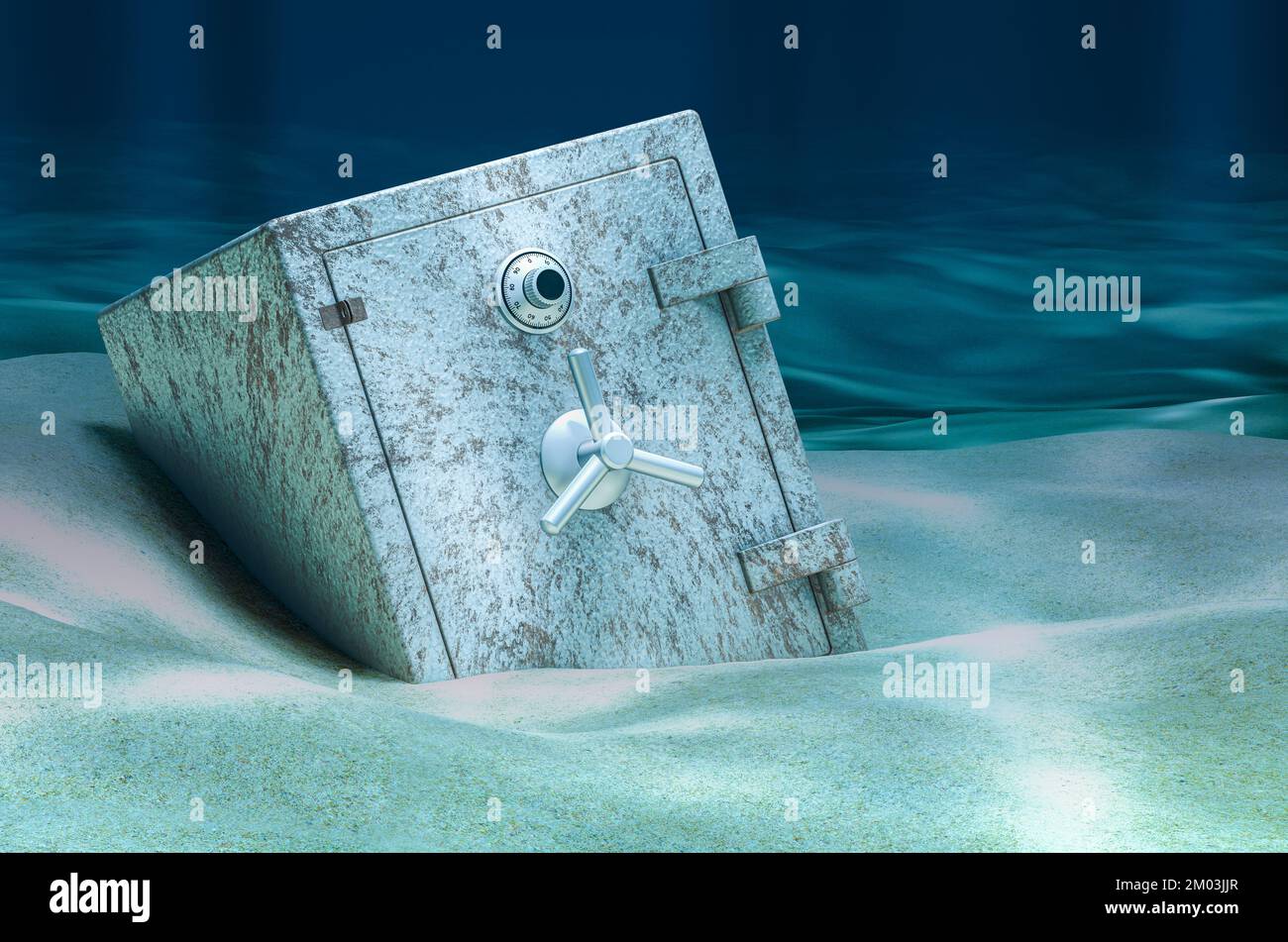 Safe box on ocean bottom underwater. 3D rendering Stock Photo - Alamy