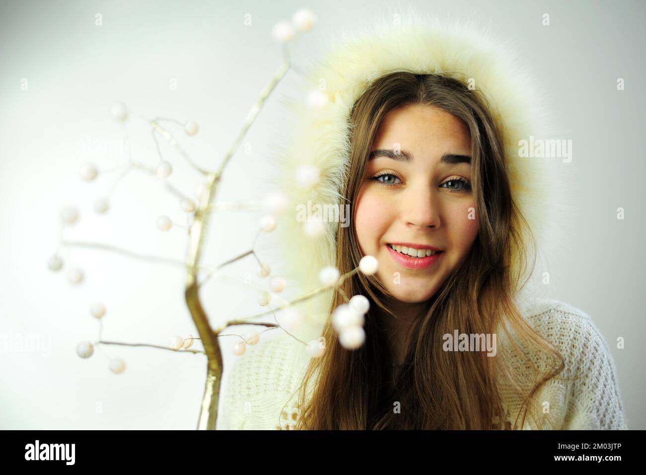 Christmas decoration The Snow Maiden holds in her hands the Japanese ...