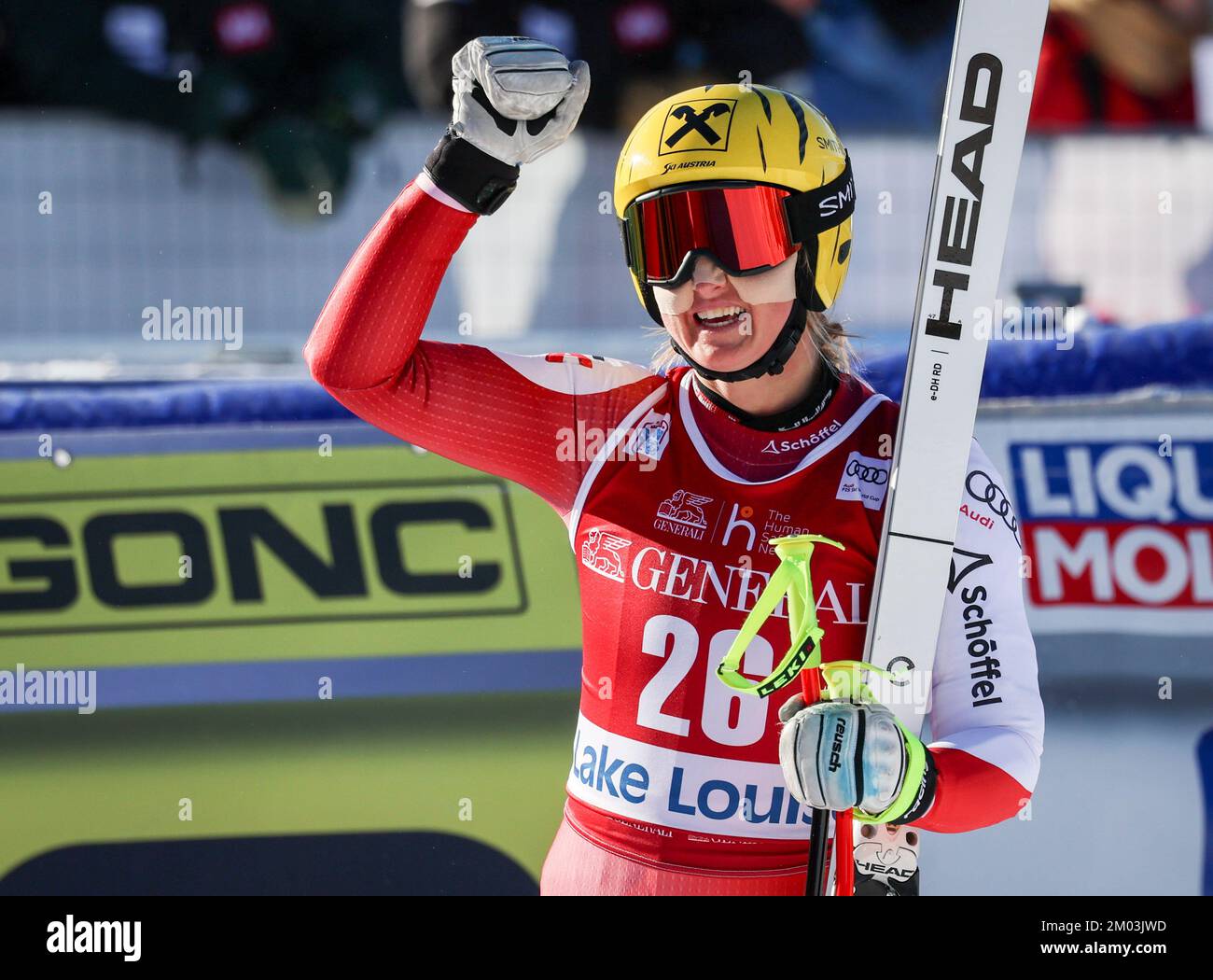 Austria's Nina Ortlieb reacts in the finish area following her run in ...