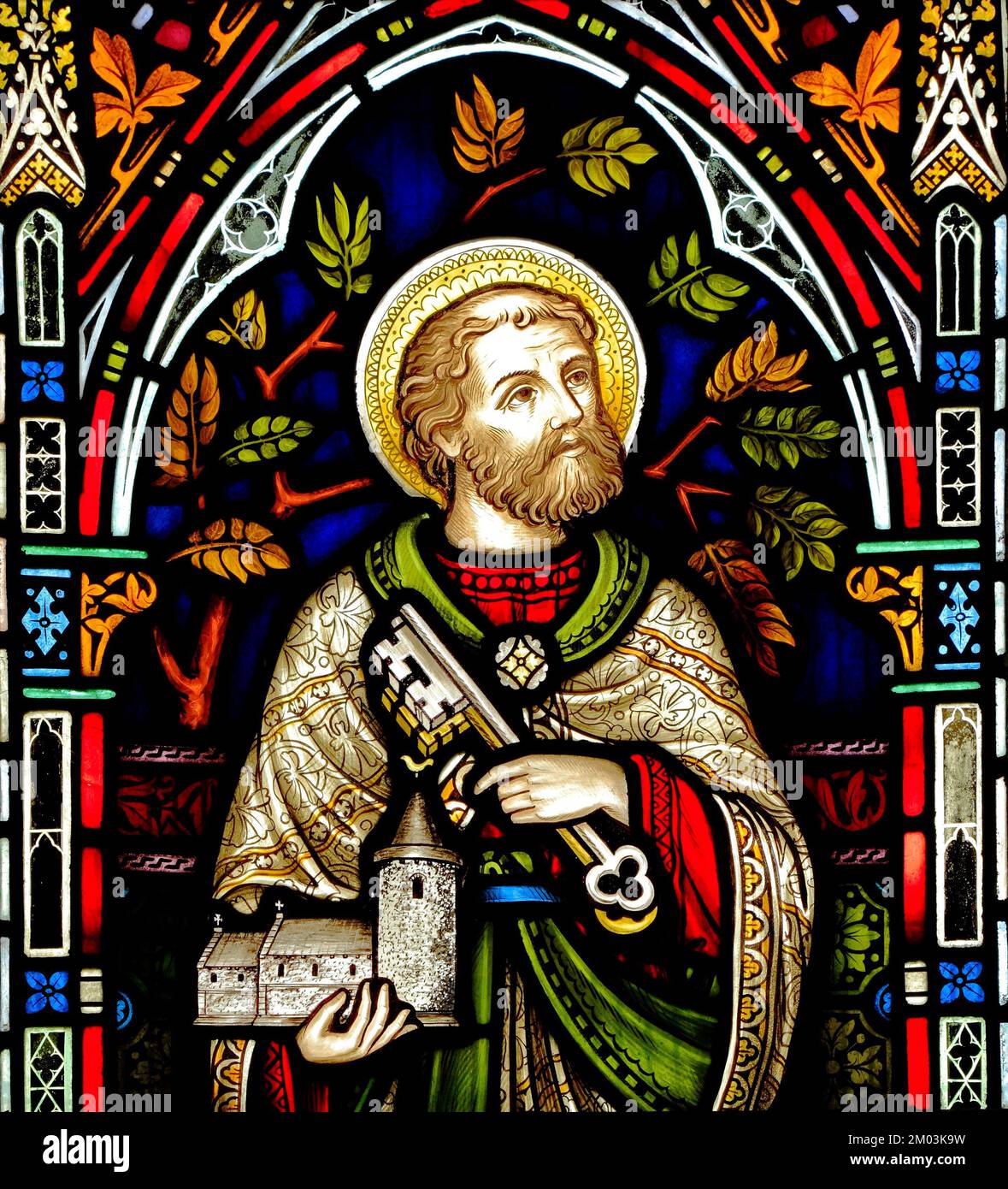 St. Peter, keys, holding model of round tower church, by Preedy 1863 ...