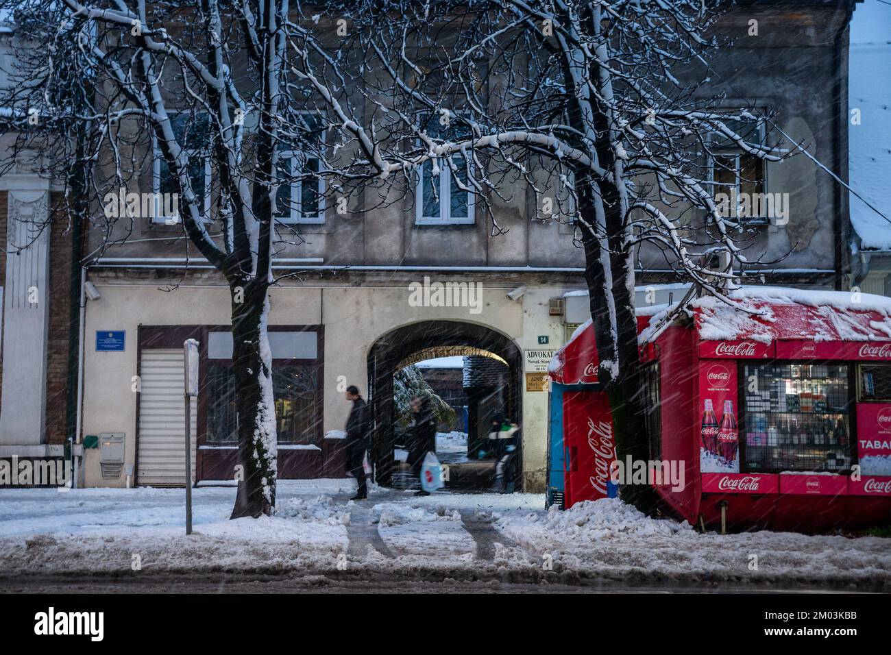 Picture of the city center of Pancevo during a snowstorm. Pancevo is a ...
