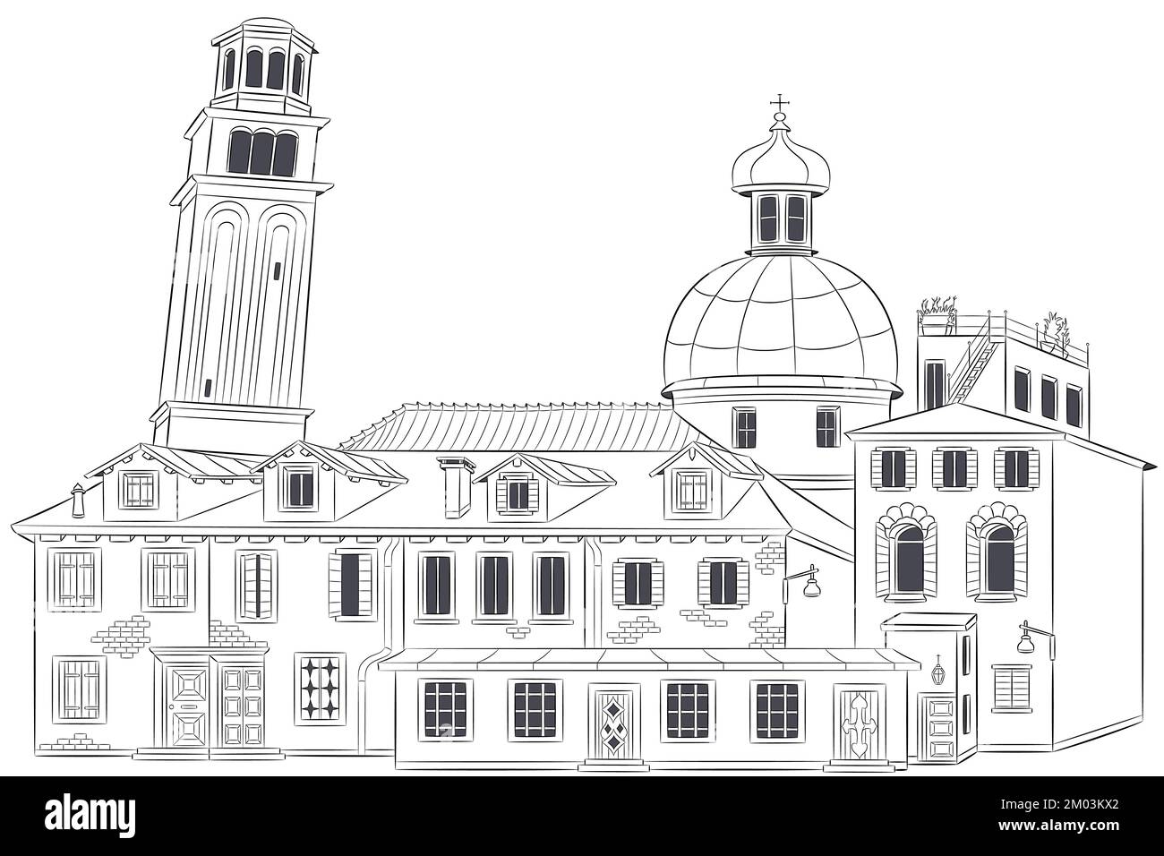 Drawing of old traditional houses bell tower and dome of the cathedral ...