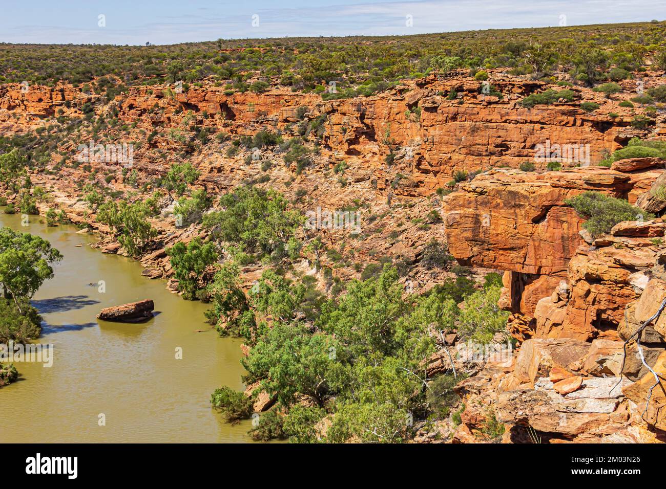 The view of Murchison River Gorge with overhang rock formation called ...