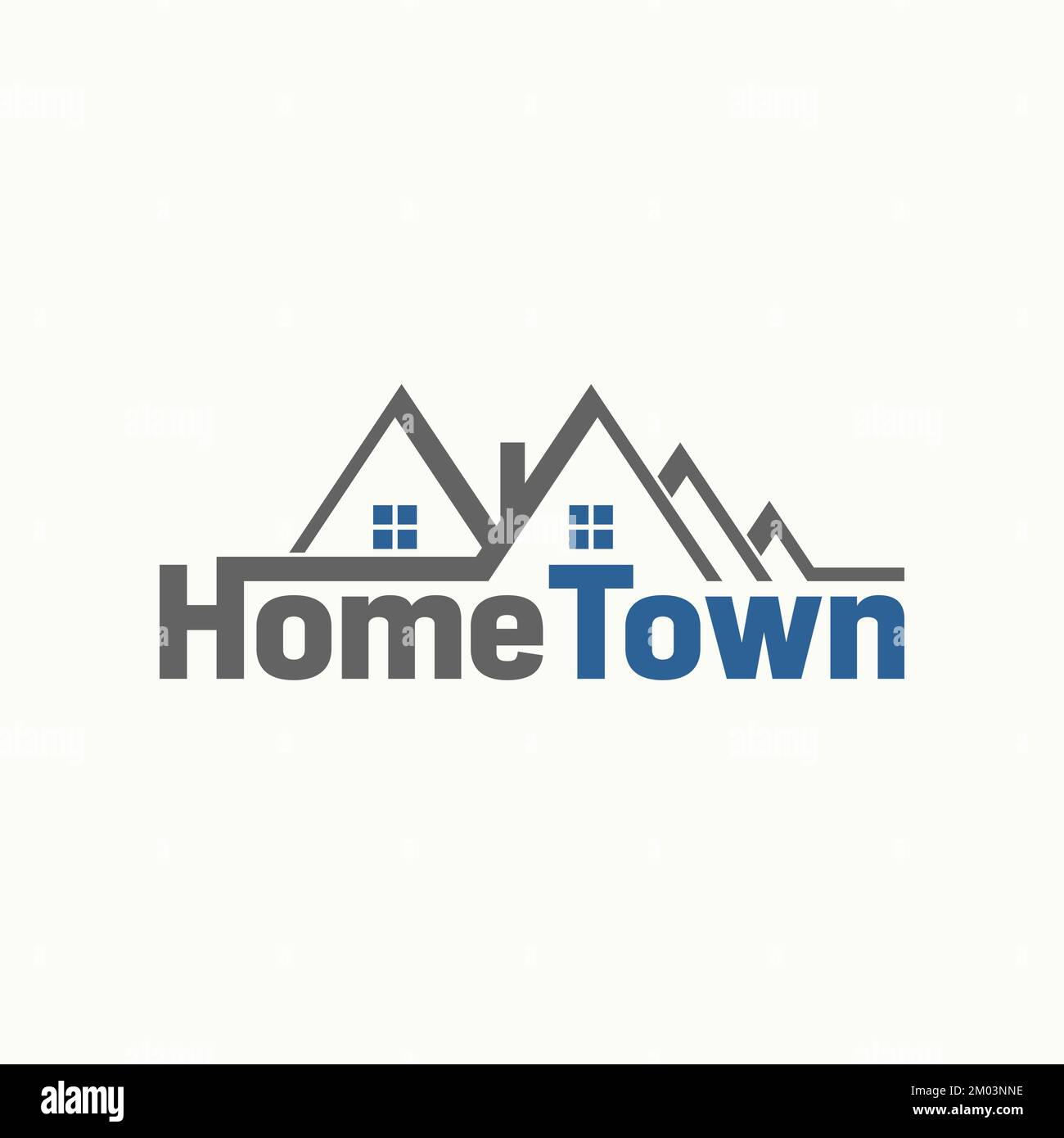 word HOME TOWN sans serif font with five roof house window chimney ...
