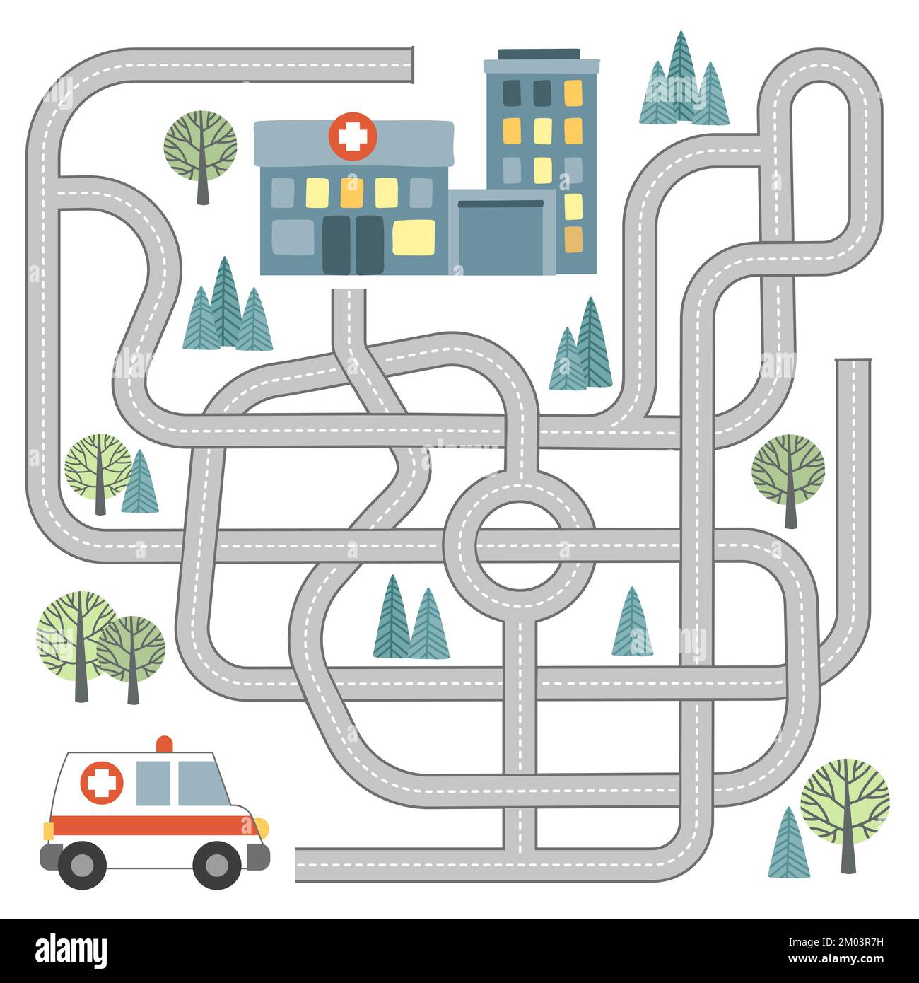 Maze game with vehicles and tangled road. Help the ambulance car to ...